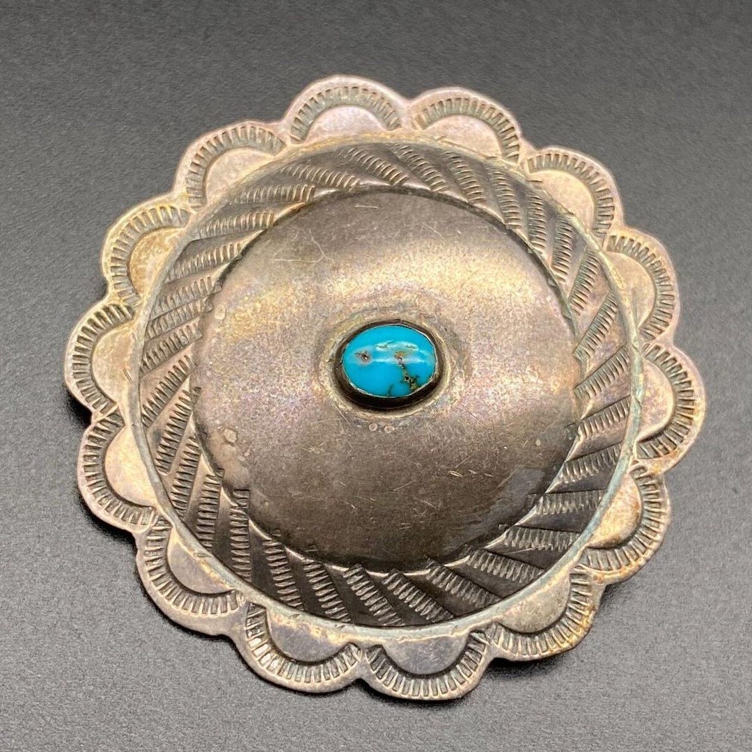Vintage Navajo Native Concho Turquoise Hand Stampwork Silver Brooch Pin ...