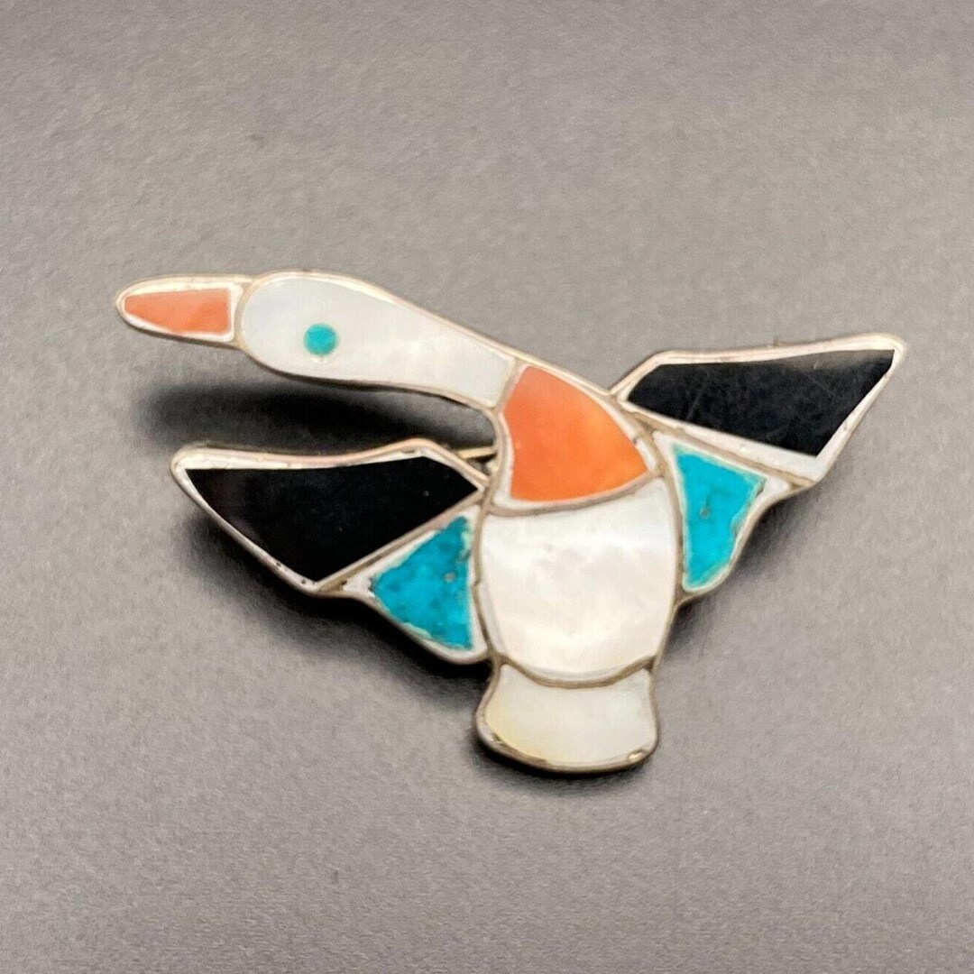 Vintage Zuni Native Duck Bird Turquoise Coral MOP Inlay Silver Brooch ...