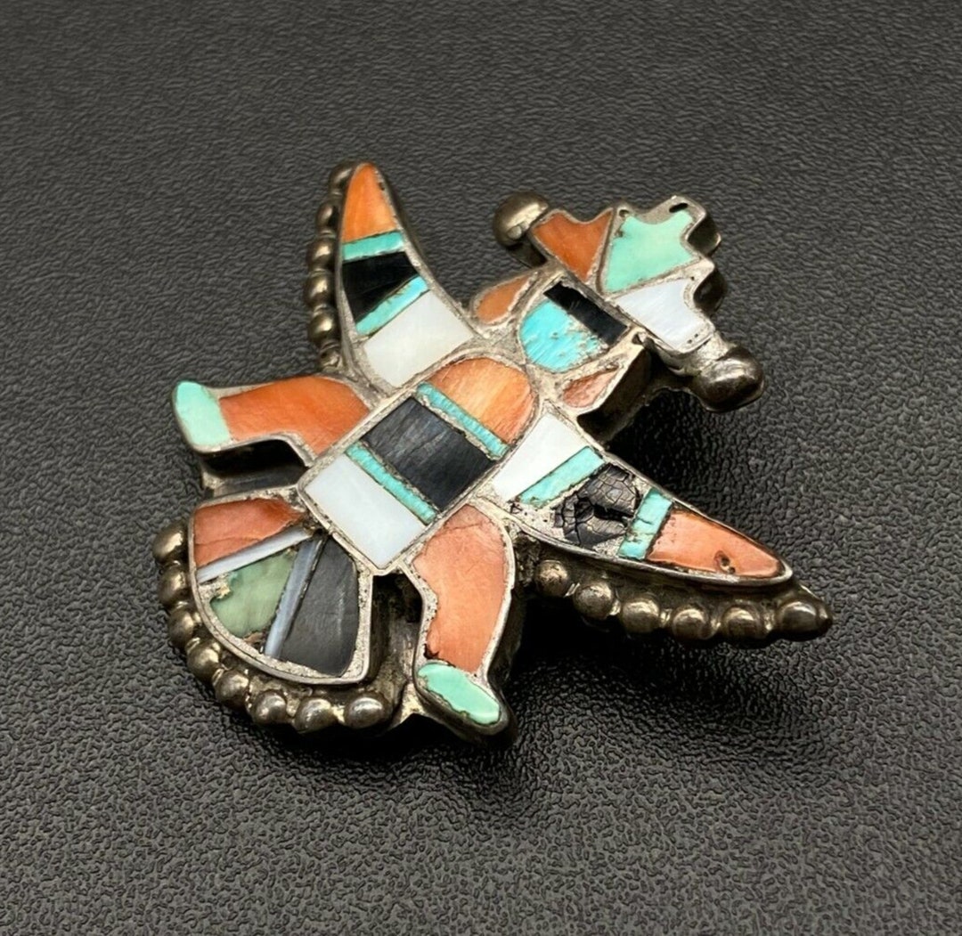 Vintage Zuni Native Turquoise Coral Kachina Knifewing Inlay Silver ...