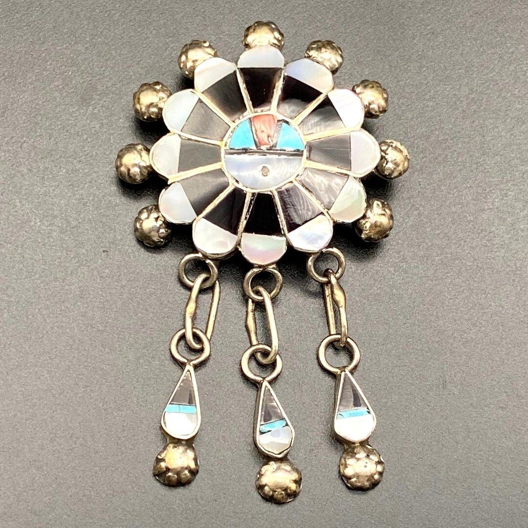 Vintage Zuni Sun God Kachina Turquoise Coral Silver Dangle Pin Brooch ...