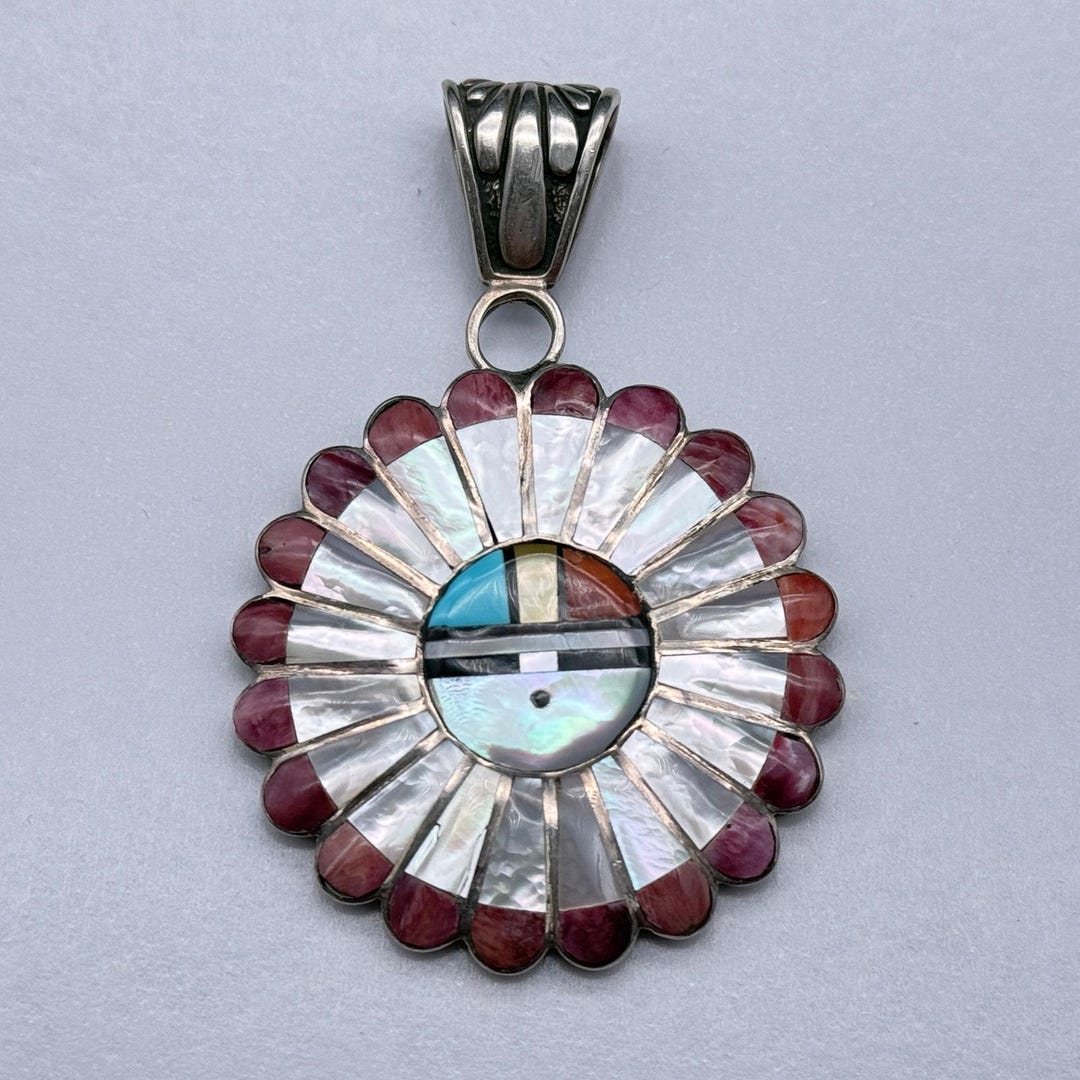 Vintage Zuni Native Sun Face Kachina Turquoise Coral MOP Inlay Silver ...