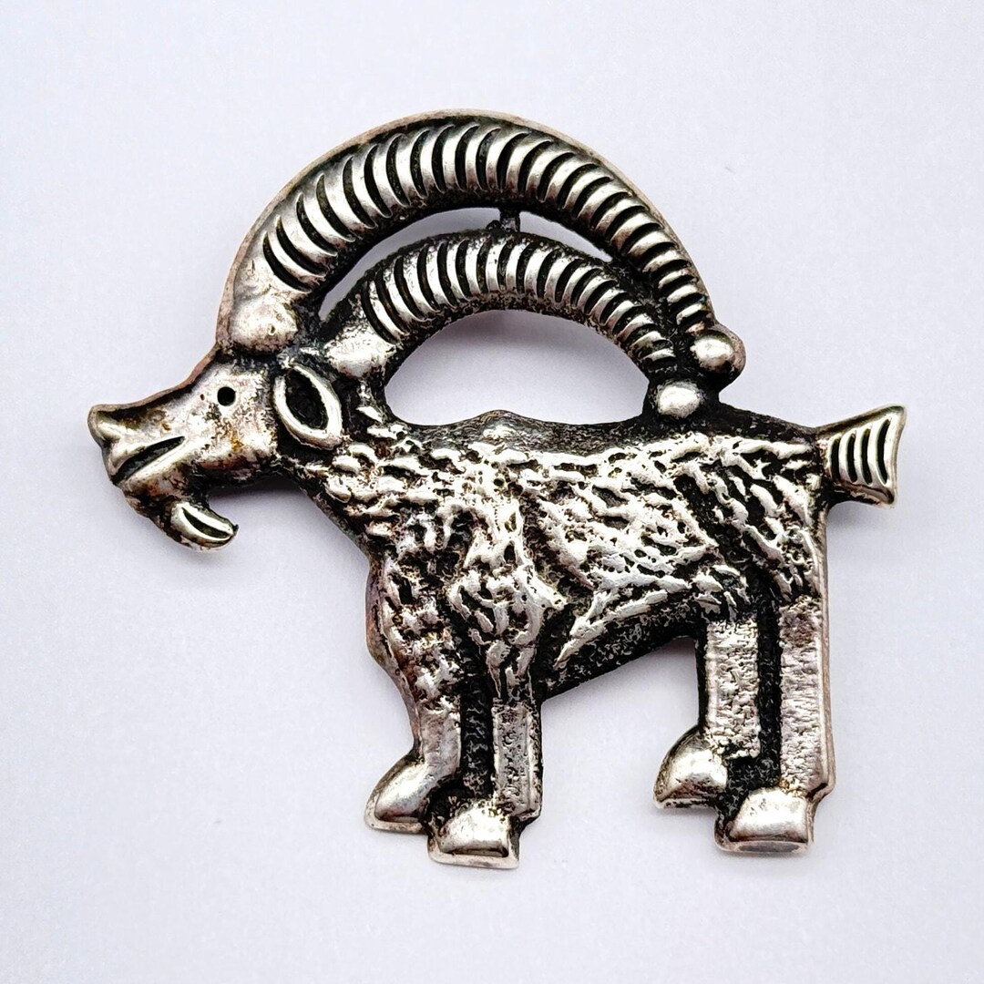 Vintage Navajo Native Mountain Goat Ram Sandcast Sterling Silver Brooch ...