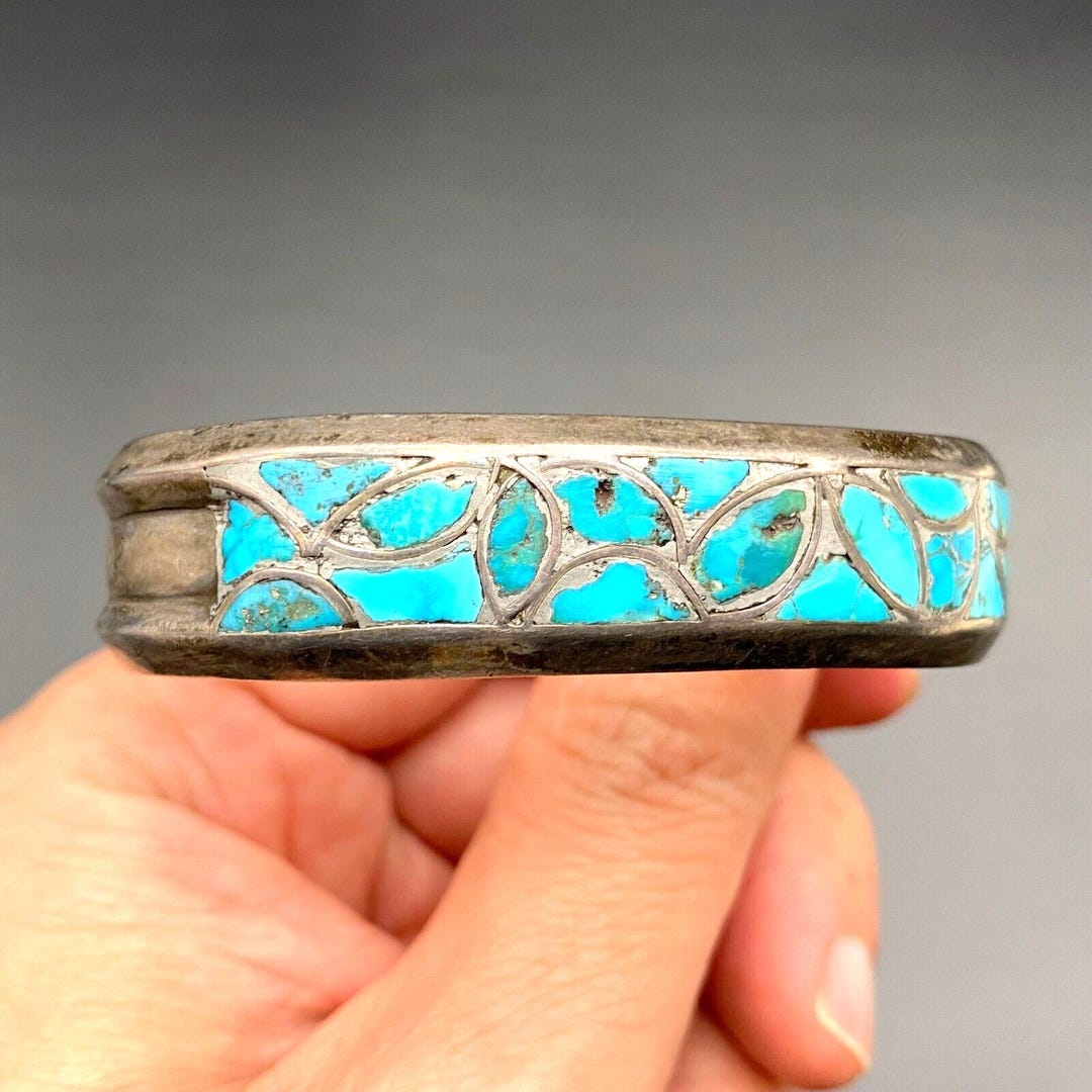Vintage Zuni Native Pawn Turquoise Fish Scale Inlay Silver Cuff ...