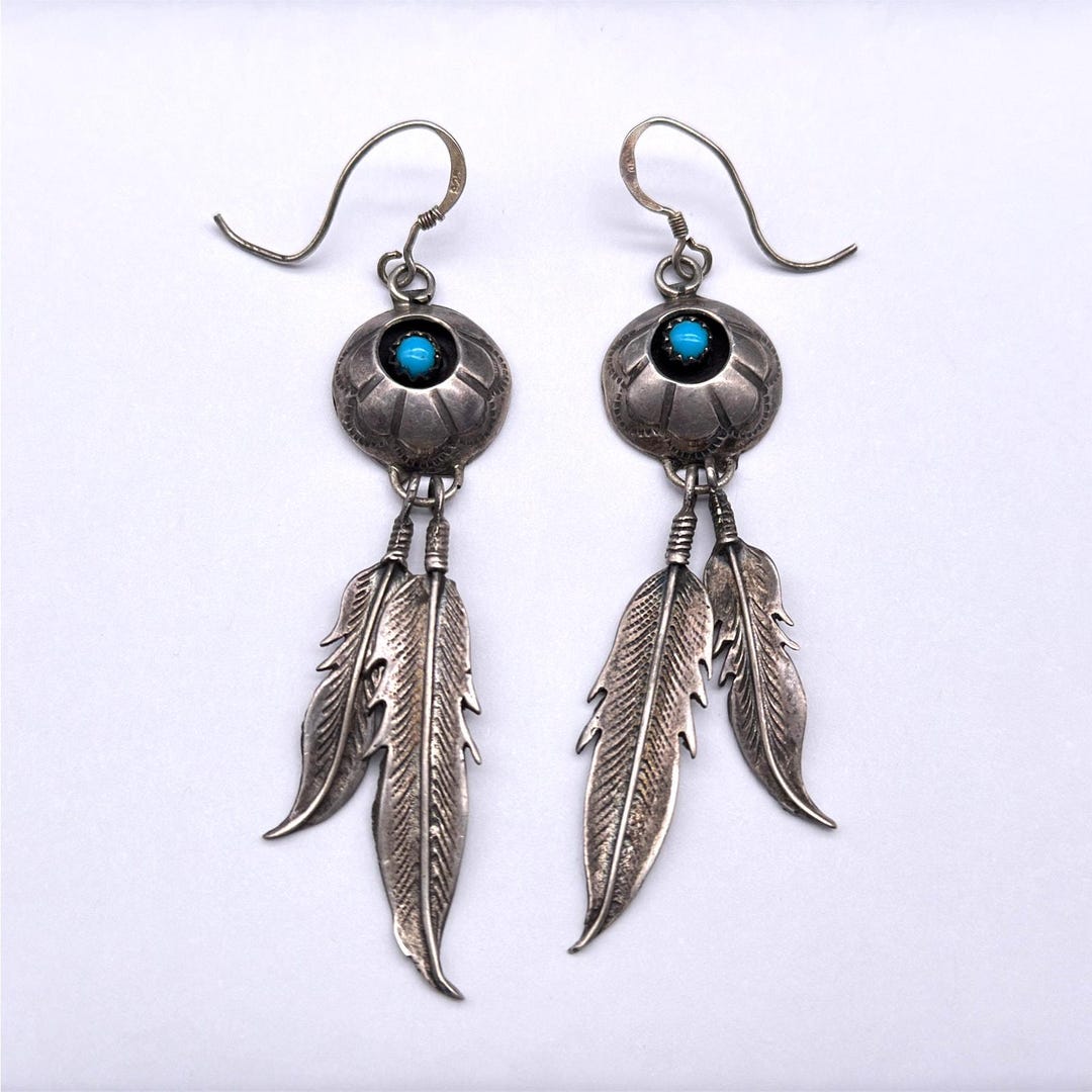 Vintage Navajo Native Stamp Work Turquoise Feather Sterling Silver ...