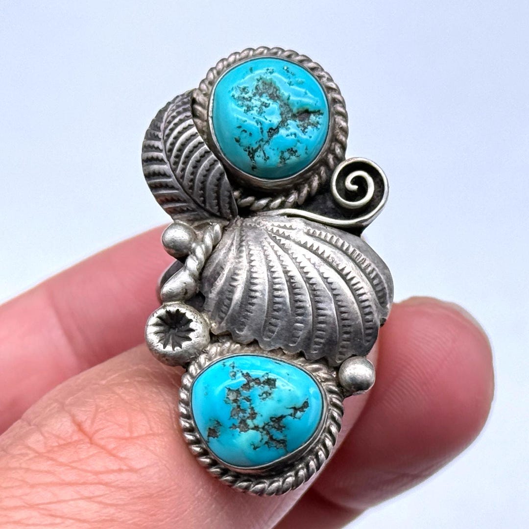 Vintage Navajo Native Mike Chee Turquoise Stampwork Silver Ring Size 7. ...