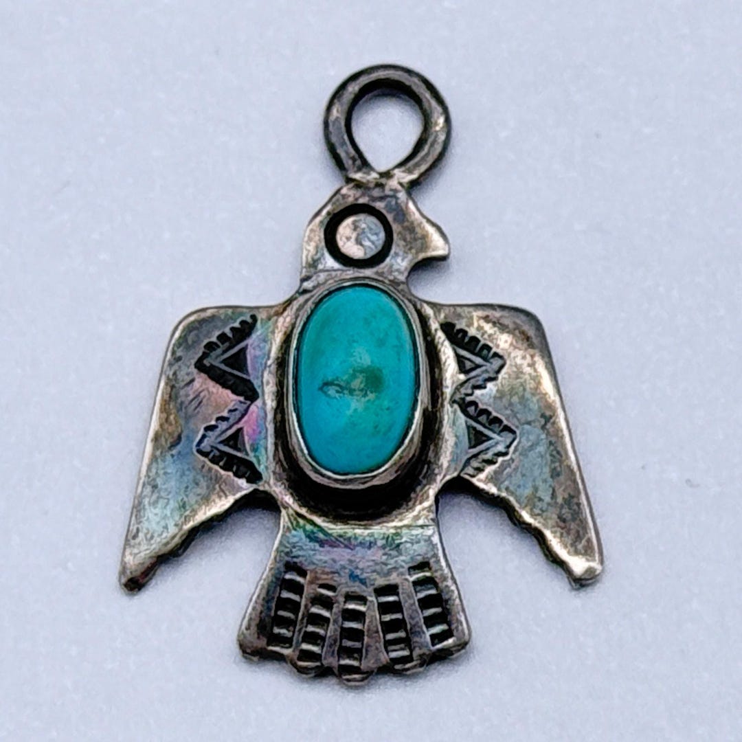 Petite Vintage Acoma Native Wolf Robe Thunderbird Turquoise Silver ...