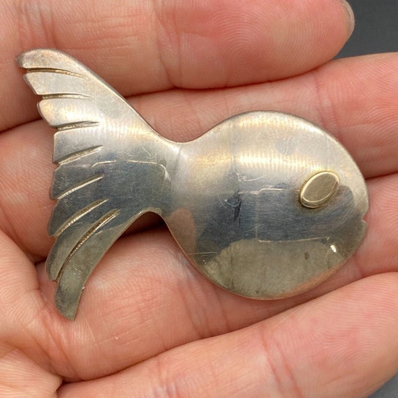 Vintage Modernist Fish 14K Gold Sterling Silver Pin B… - Gem