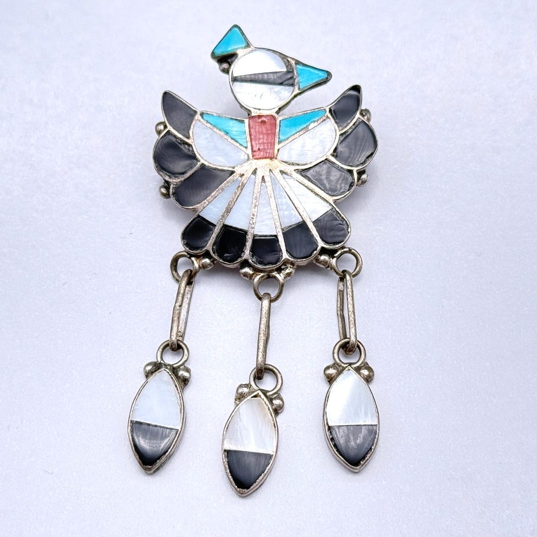 Vintage Zuni Native Thunderbird Bird Turquoise Coral Silver Pin Brooch ...