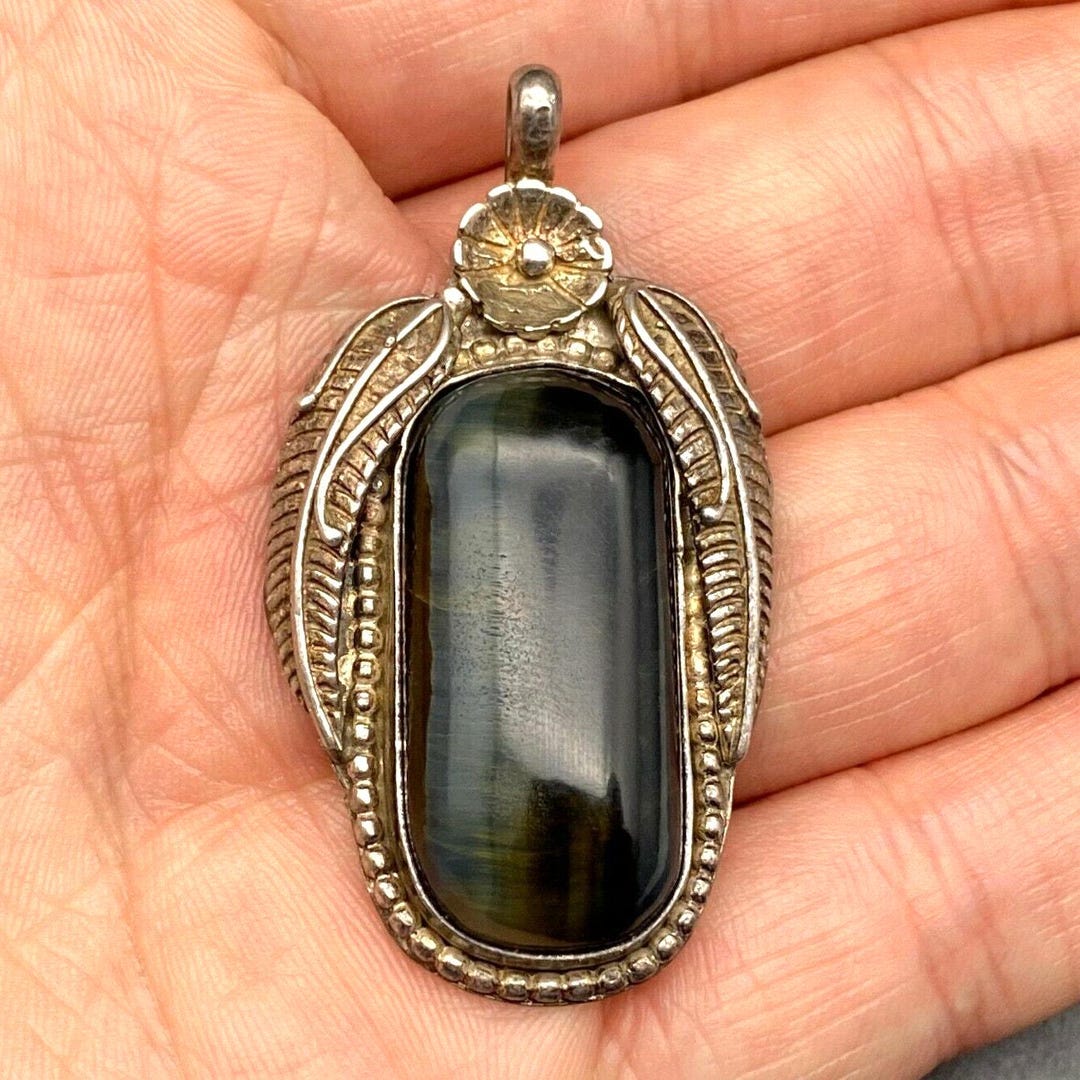 Vintage Southwestern Tiger Eye Feather Silver Pendant - Etsy