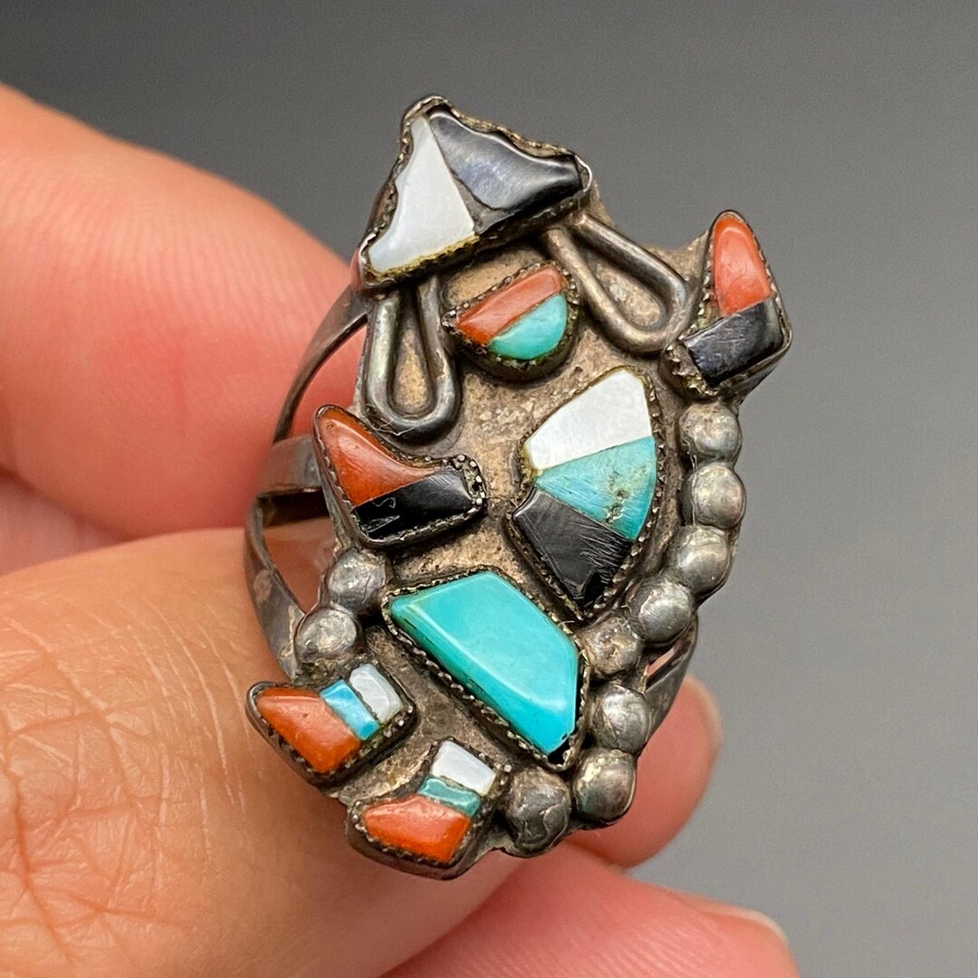 Vintage Zuni Native Kachina Turquoise Coral MOP Silver Ring Size 7 - Etsy