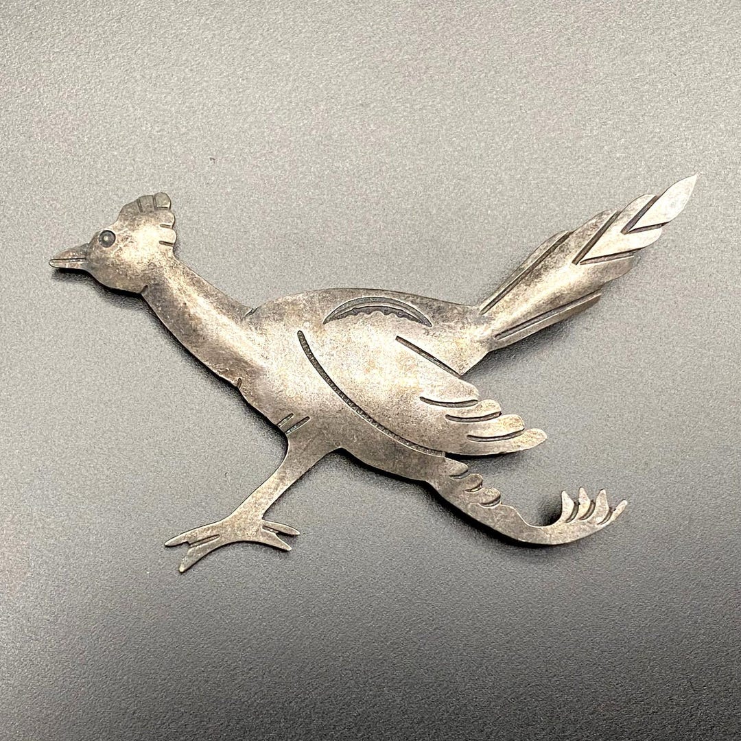 Vintage Navajo Native Roadrunner Bird Hand Stampwork Silver Brooch Pin ...