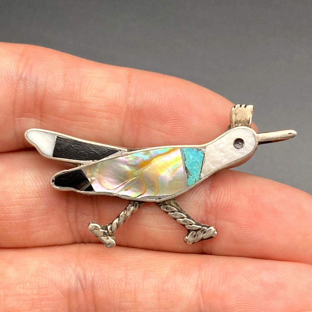 Vintage Zuni Native Roadrunner Bird Turquoise MOP Inlay Silver Pin ...