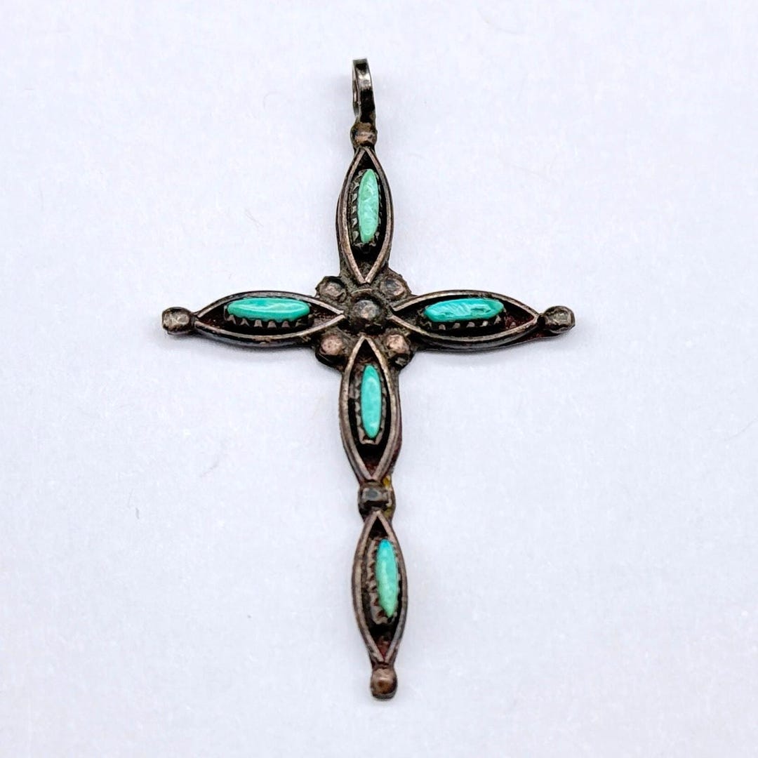 Vintage Zuni Native Cross Needlepoint Turquoise Silver Pendant - Etsy
