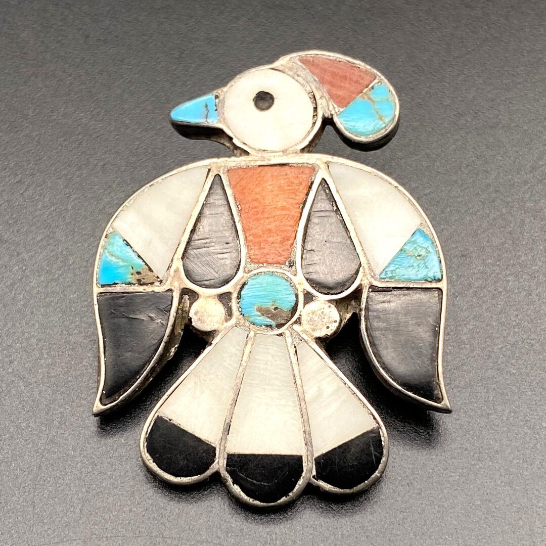 Vintage Zuni Thunderbird Native Turquoise Coral MOP Inlay Silver Pin ...