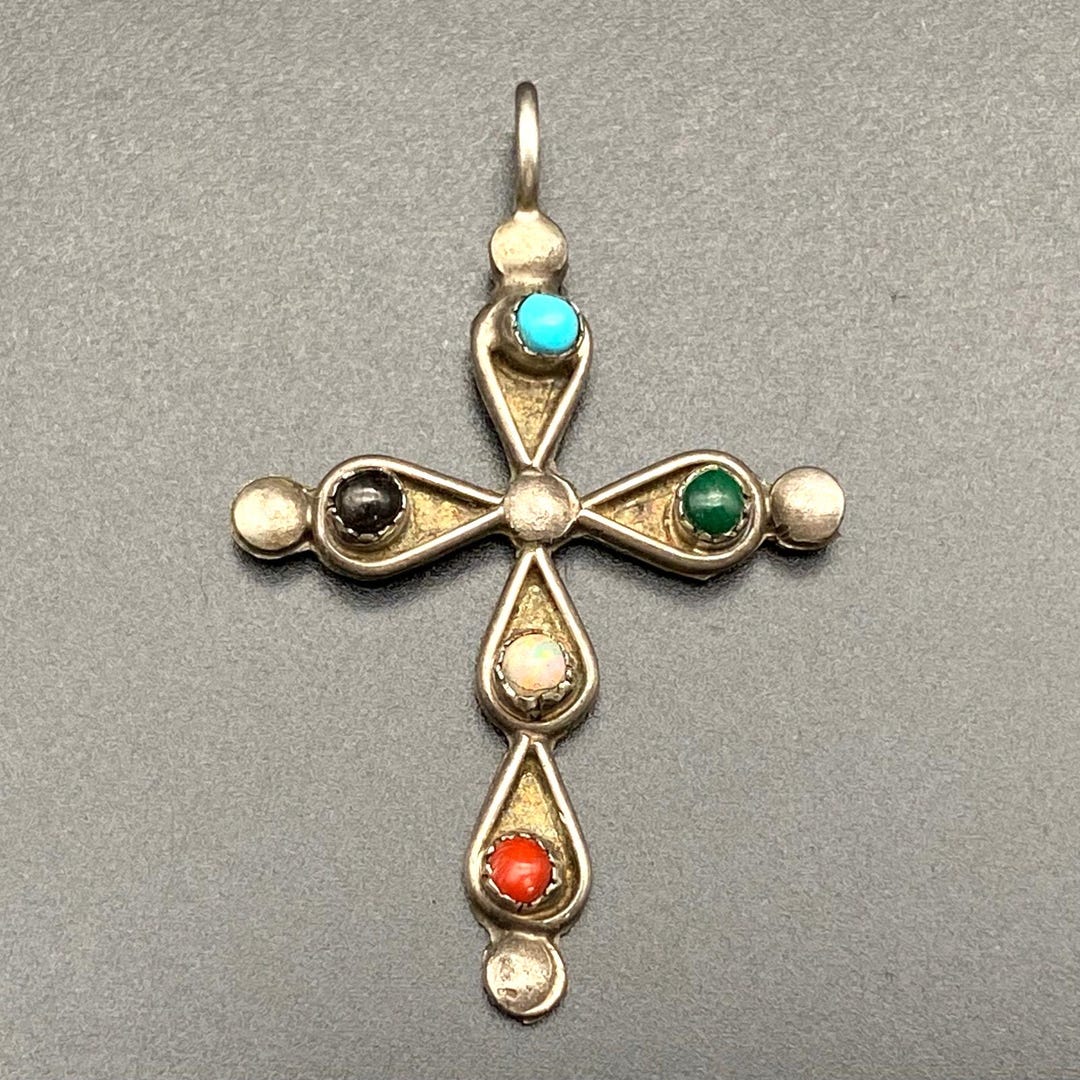 Petite Vintage Zuni Native Cross Turquoise Coral Malachite MOP Silver ...