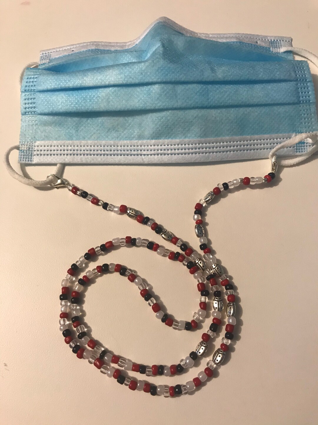 Ladybugs and Red and Black Colored Beads Mask Holder, Mask Holder ...