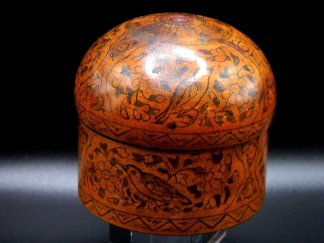Antique DOMED TREEN BOX. Hand Drawn Birds & Flora Motifs. North Indian ...
