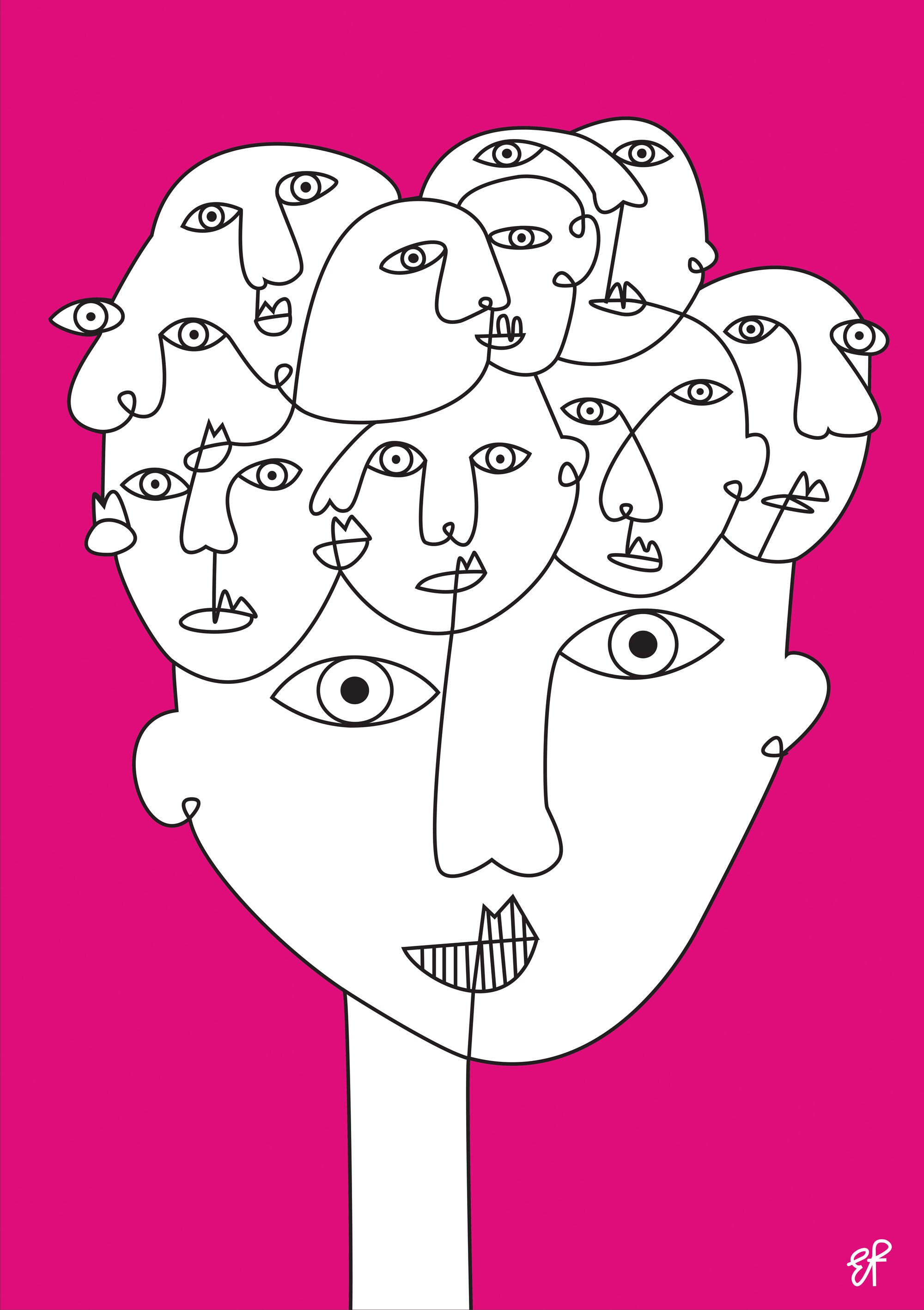 Pink Wall Art Abstract Faces Line Art Bright Pink Mental - Etsy