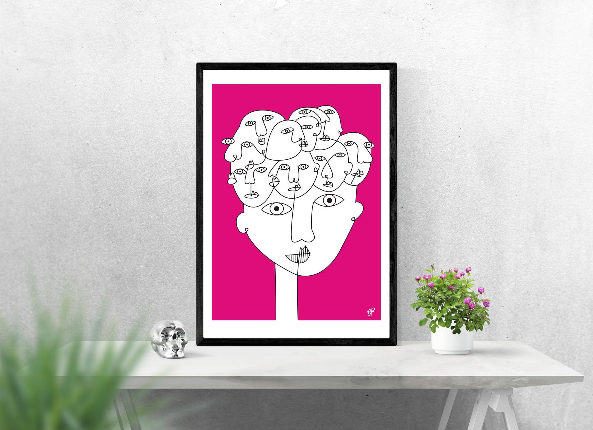 Pink Wall Art Abstract Faces Line Art Bright Pink Mental - Etsy