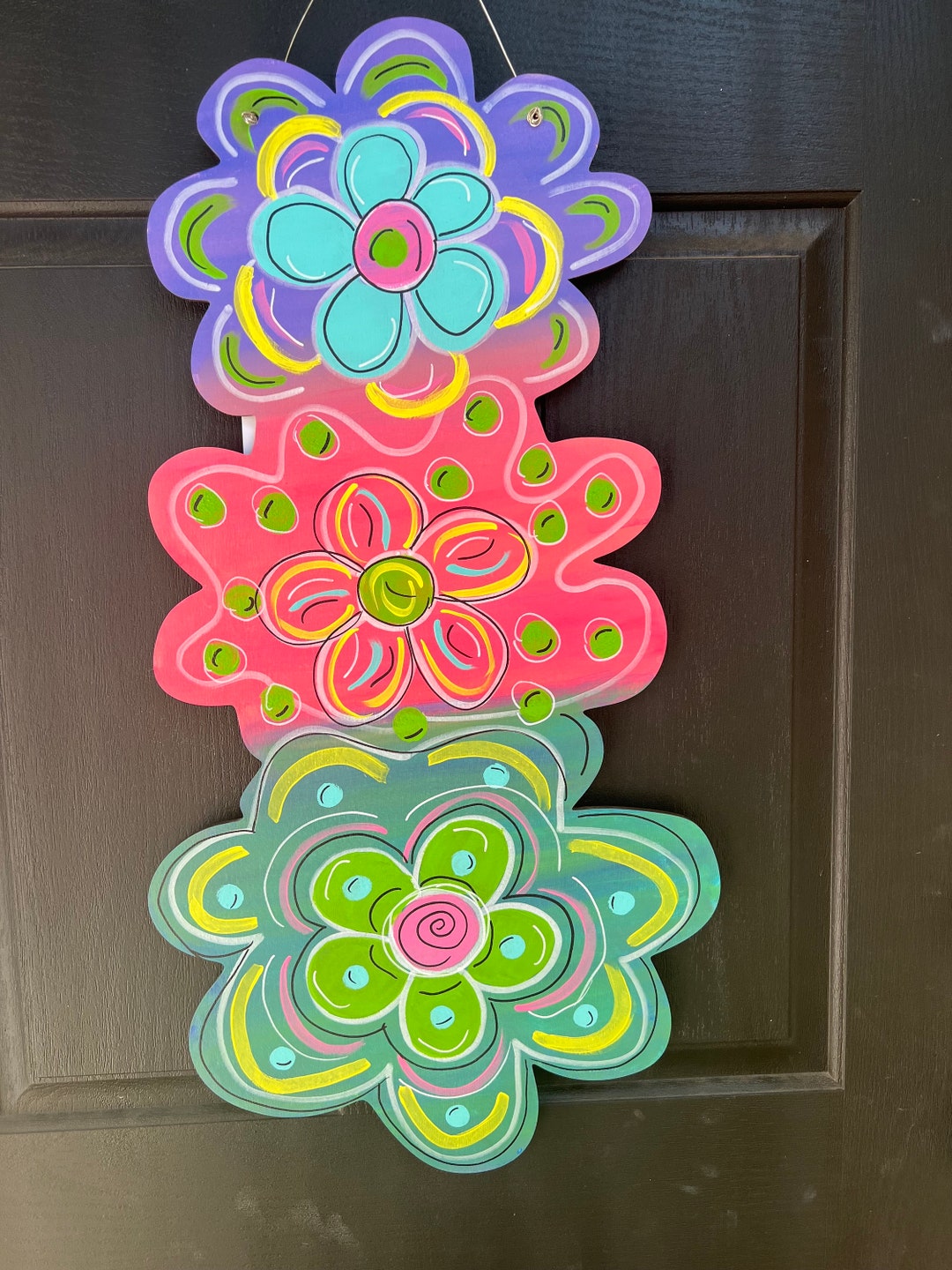 Flower Trio Door Hanger, Stacked Flower Door Hanger, Whimsical Door ...