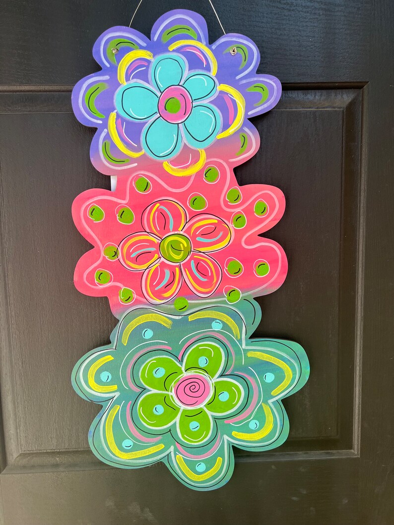 Flower Trio Door Hanger, Stacked Flower Door Hanger, Whimsical Door ...