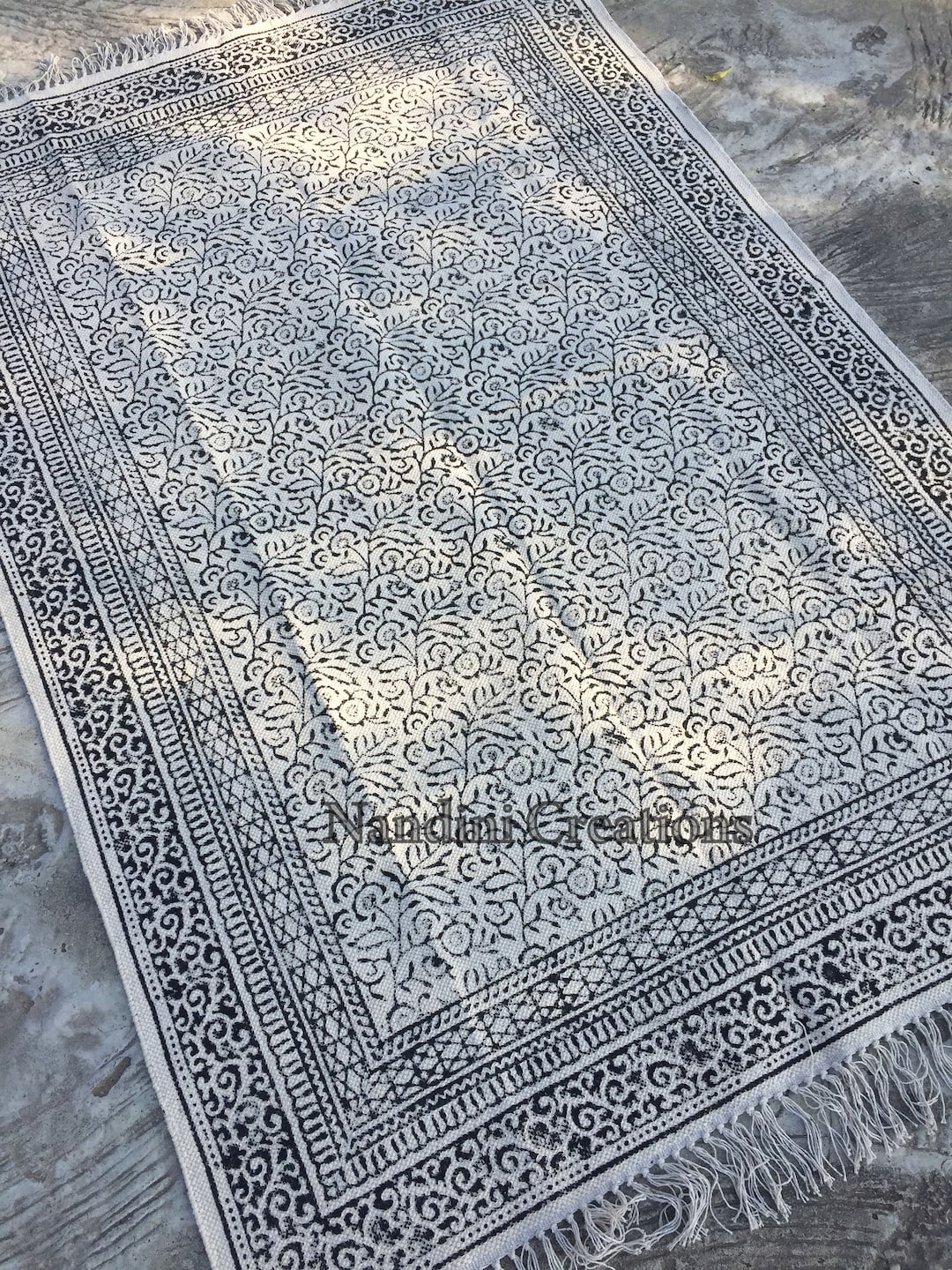 12x14 Feet Handwoven Rug Block Printed Rug Large Area Rug White Rug ...