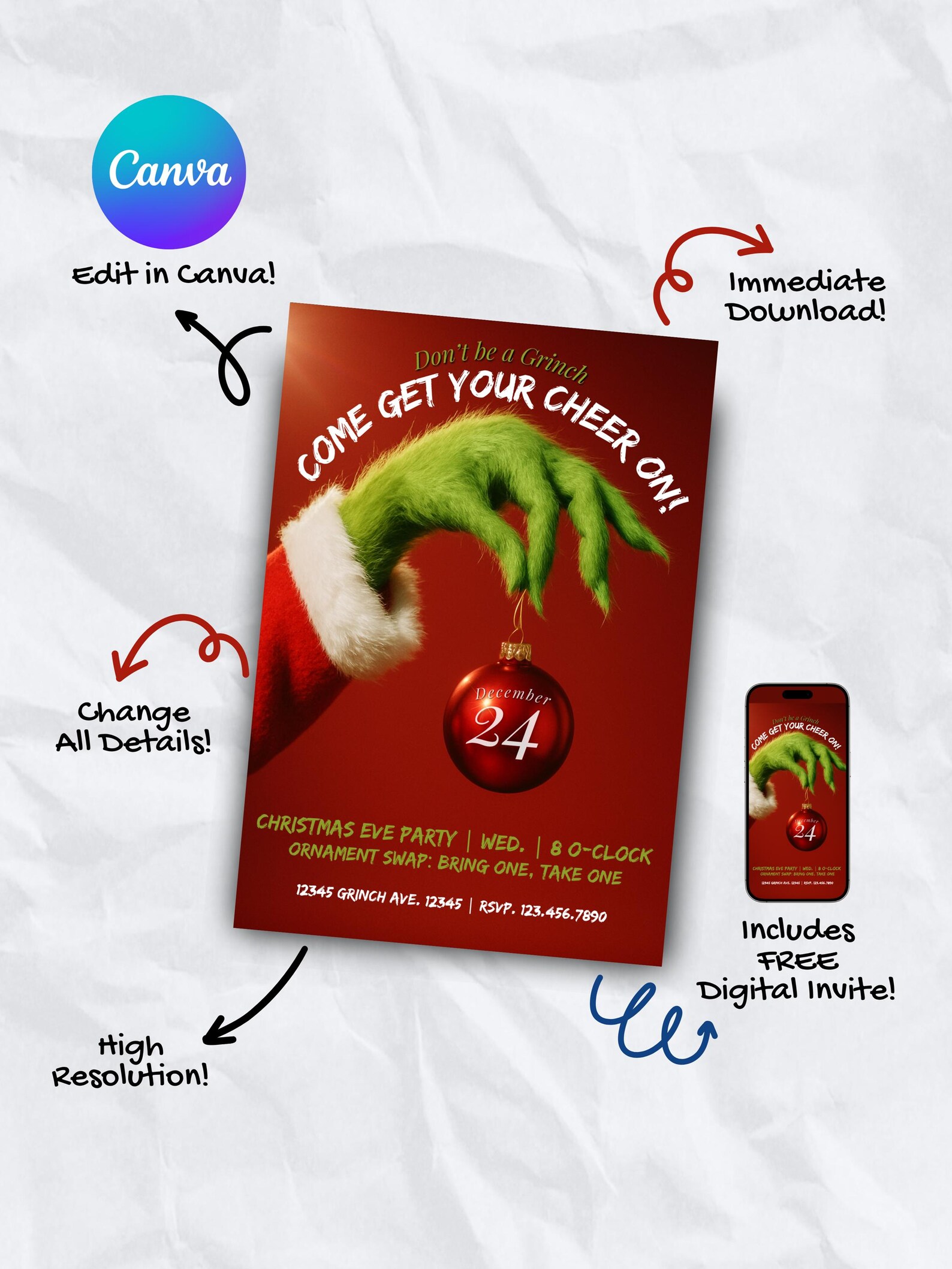 Grinch Themed Christmas Party Invitation | Funny Holiday Invite ...