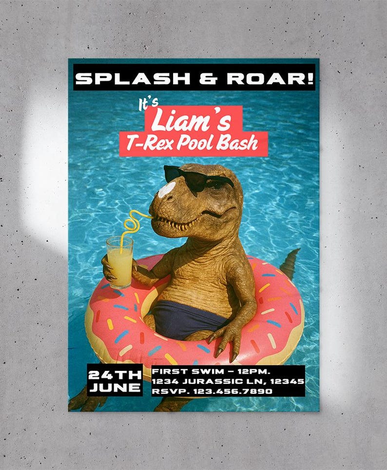 Funny Dinosaur Pool Party Invitation: Editable Trex Birthday Canva ...