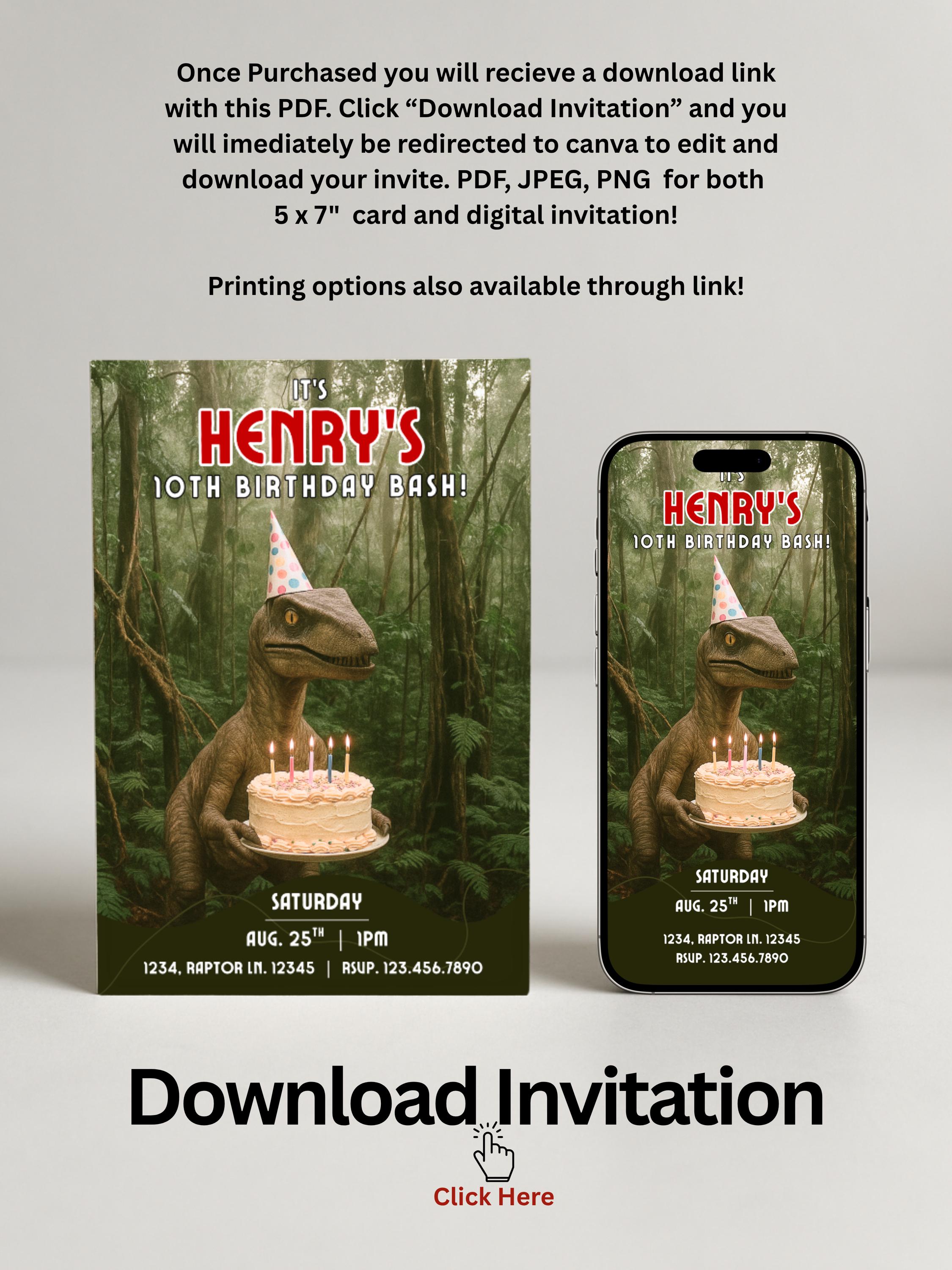 Dinosaur 10th Birthday Invitation: Editable Raptor Party Invite ...