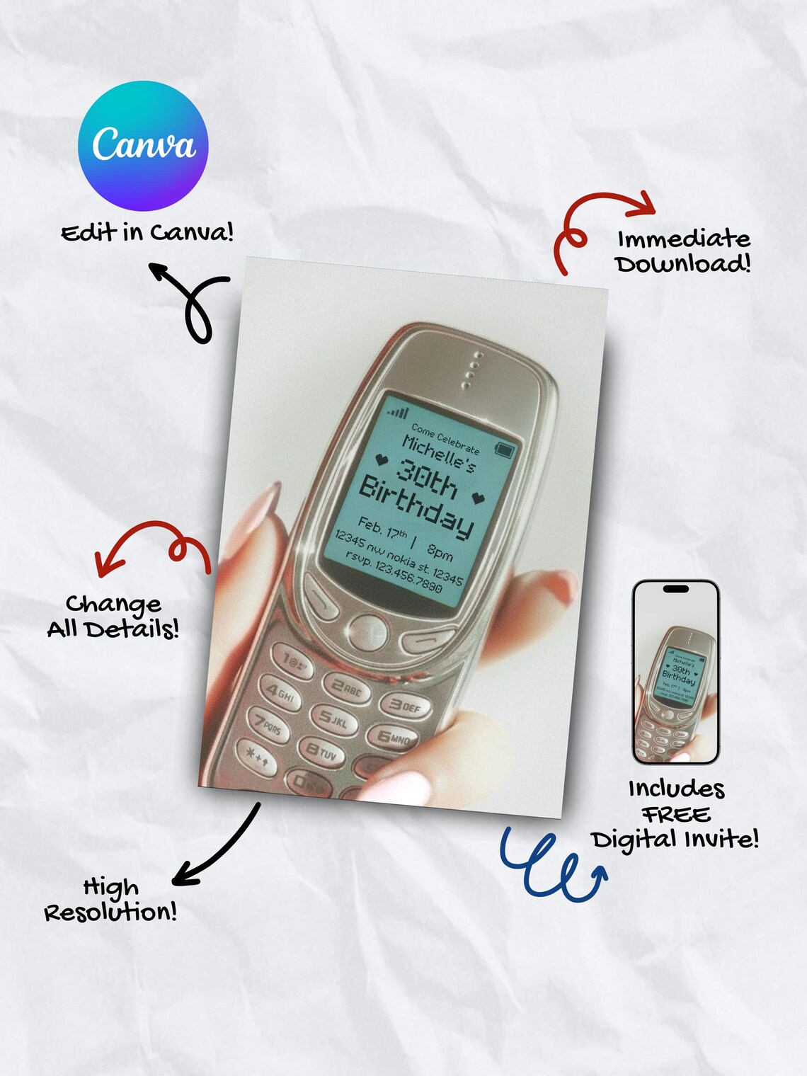 Y2K Nokia Phone Birthday Invitation | 90s Retro Invitation Template ...