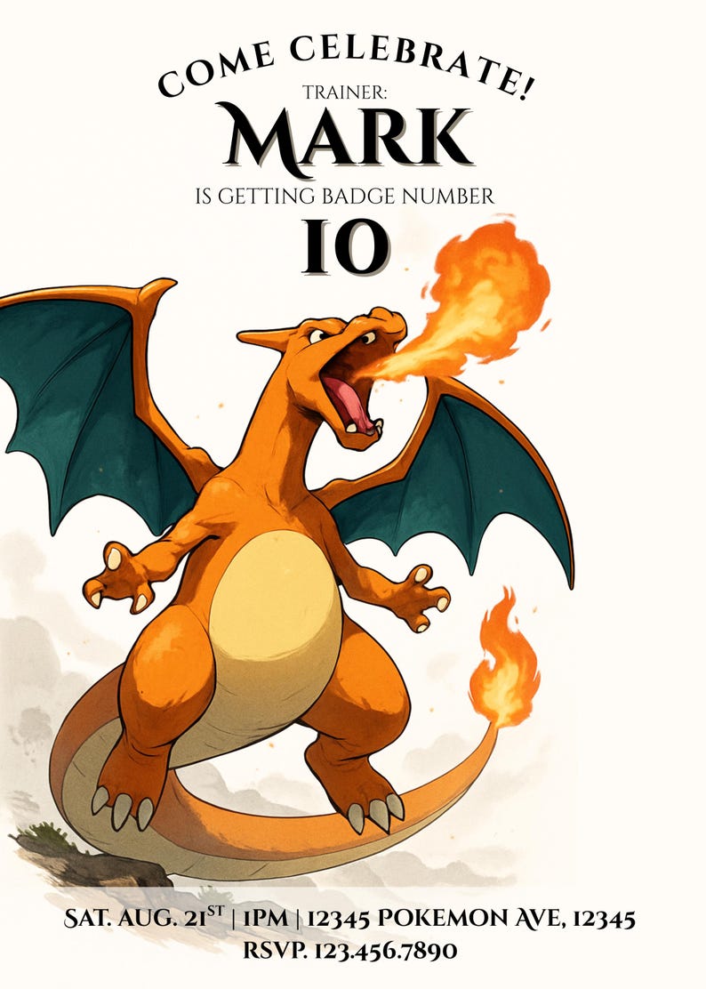 Charizard Birthday Invitation • Fire Dragon Pokémon Theme (digital ...