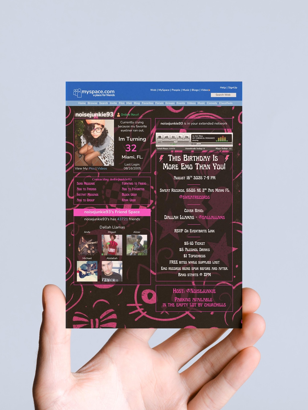 Emo Y2K Retro Myspace Themed Birthday Invitation, Punk Rock Nostalgia ...