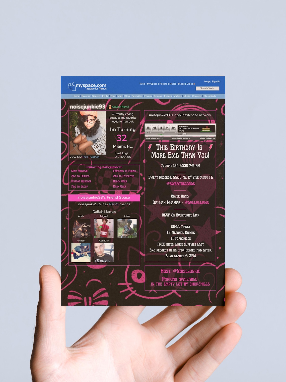 Emo Y2K Retro Myspace Themed Birthday Invitation, Punk Rock Nostalgia ...