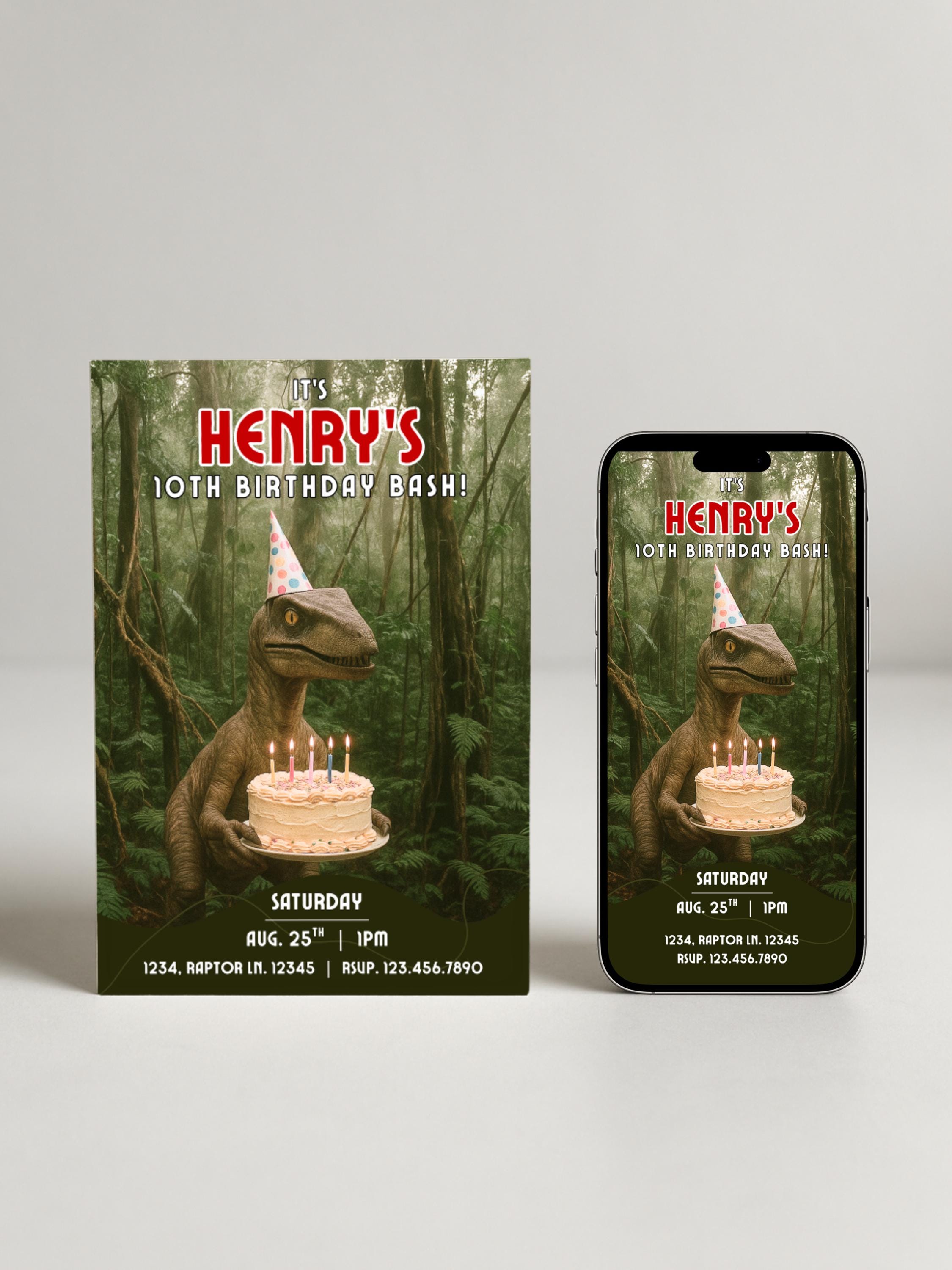 Dinosaur 10th Birthday Invitation: Editable Raptor Party Invite ...