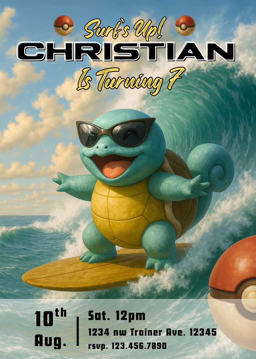 Squirtle Surfing Birthday Invitation | Pokémon Pool Party (digital ...