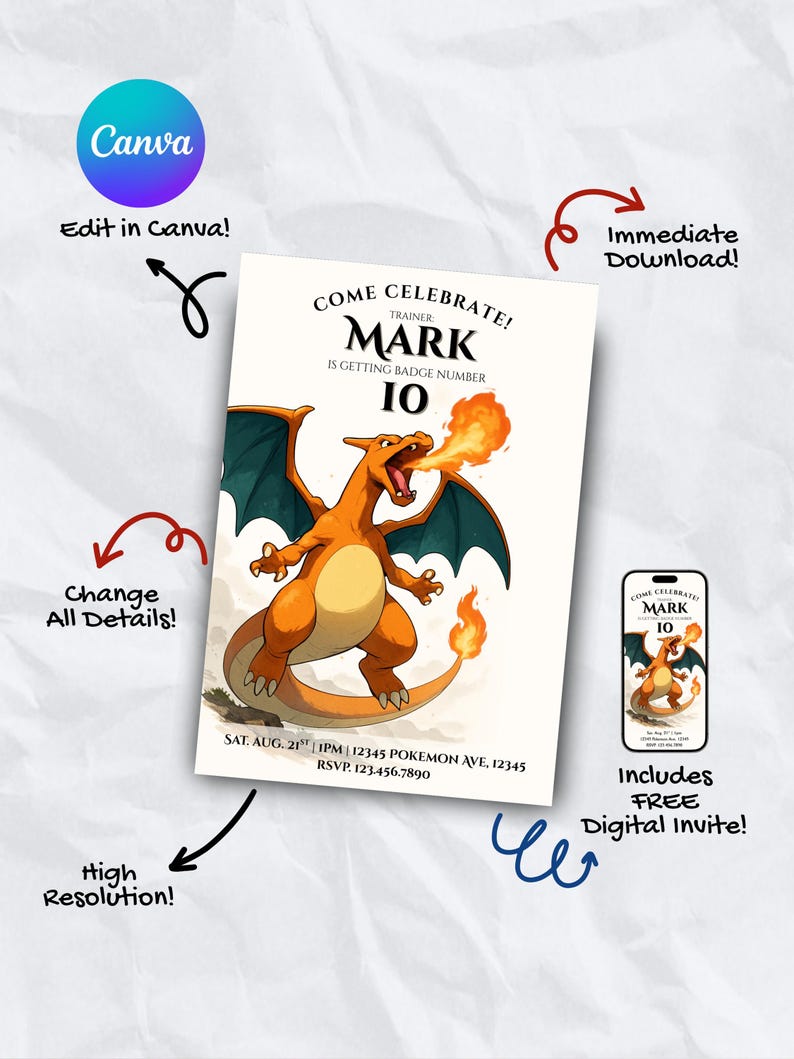 Charizard Birthday Invitation • Fire Dragon Pokémon Theme (digital ...