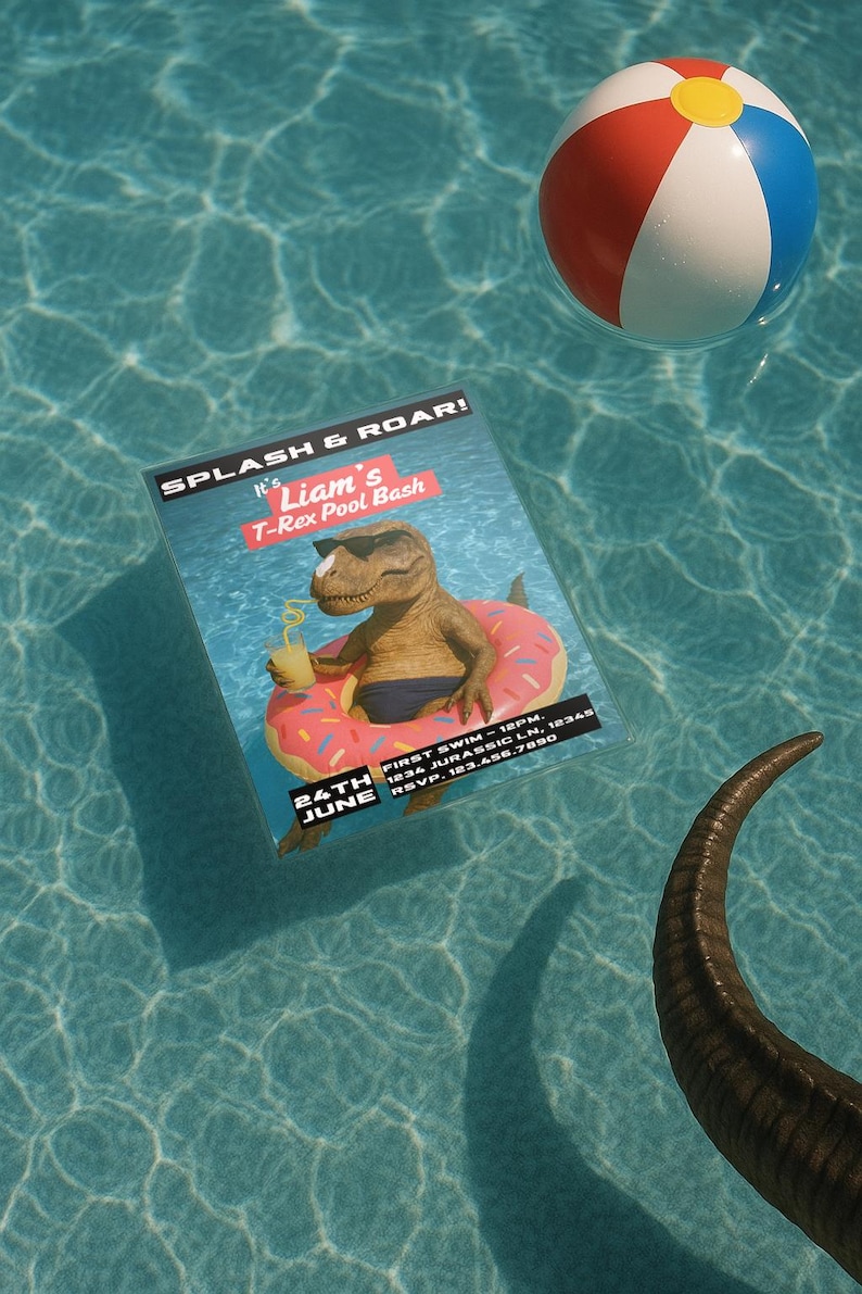 Funny Dinosaur Pool Party Invitation: Editable Trex Birthday Canva ...