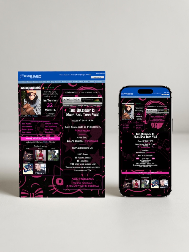 Emo Y2K Retro Myspace Themed Birthday Invitation, Punk Rock Nostalgia ...