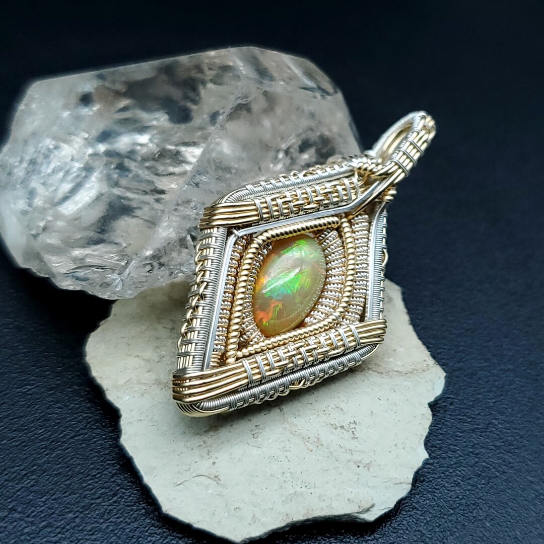 Fire Opal Portal Talisman Silver and Gold Wire Wrap Pendant - Etsy