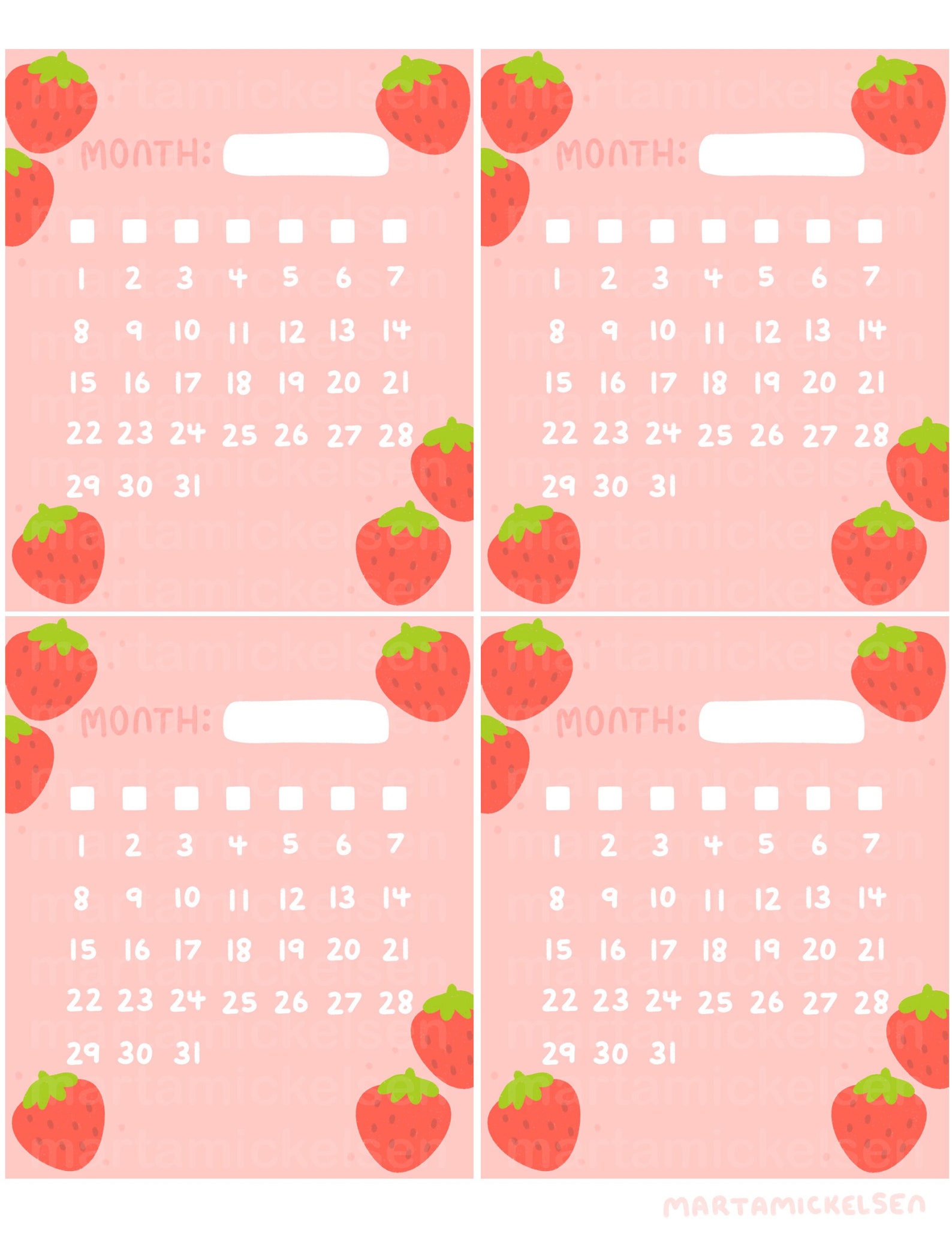 Strawberry Printable Mini Calendar Dateless - Etsy