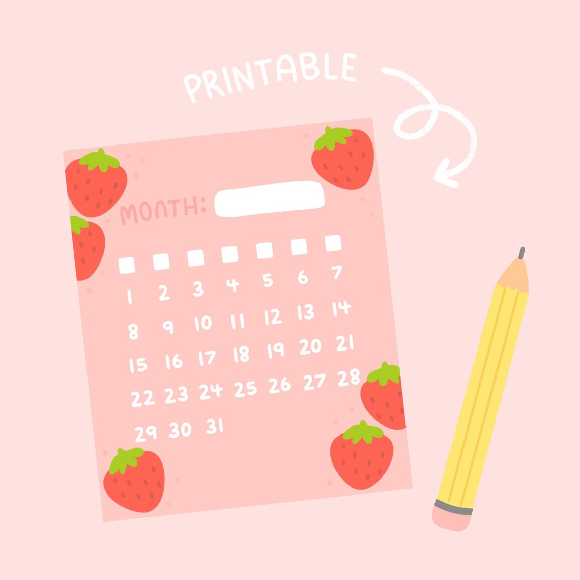 Strawberry Printable Mini Calendar Dateless | Etsy