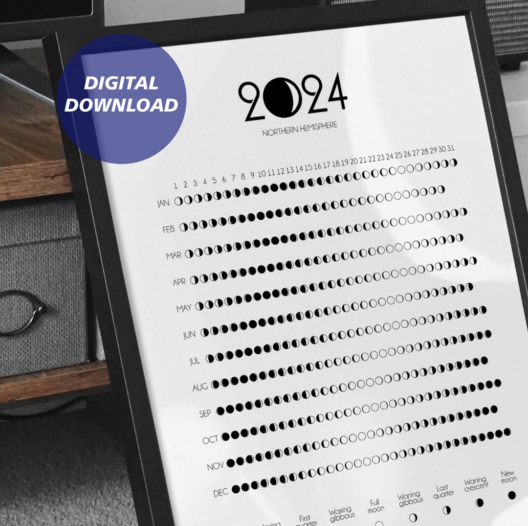 Moon Phases 2024 Calendar Printable Lunar Calendar 2024 - Etsy Australia