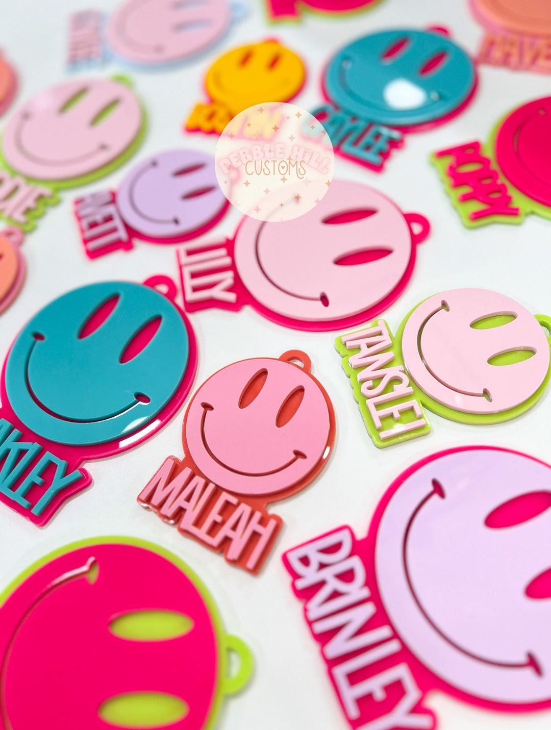 Smiley Backpack Tag, Retro Name Tag, Girls Backpack Tag, Kids Keychain ...