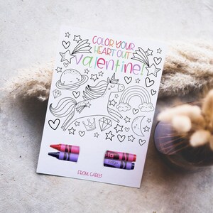 Unicorn Coloring Page Valentine, Crayon Coloring Card Valentine, Color ...