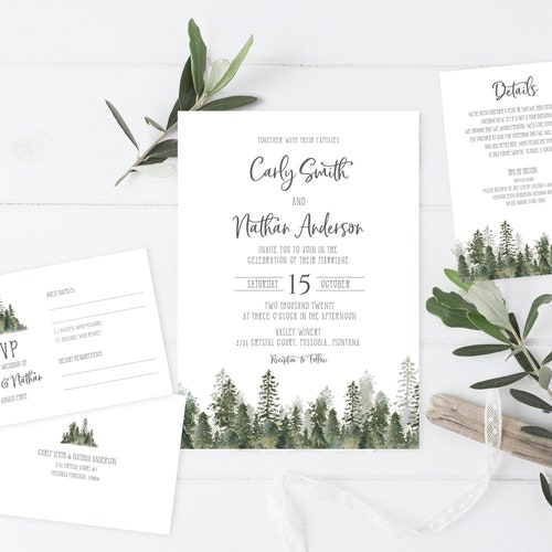 Pine Wedding Invitation Template / Mountain Woodland Pine - Etsy