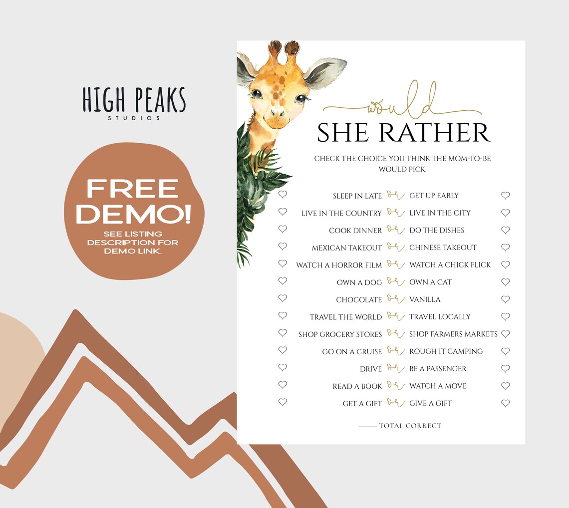 Giraffe Safari Baby Shower Games Bundle, Printable Cards (editable Text ...