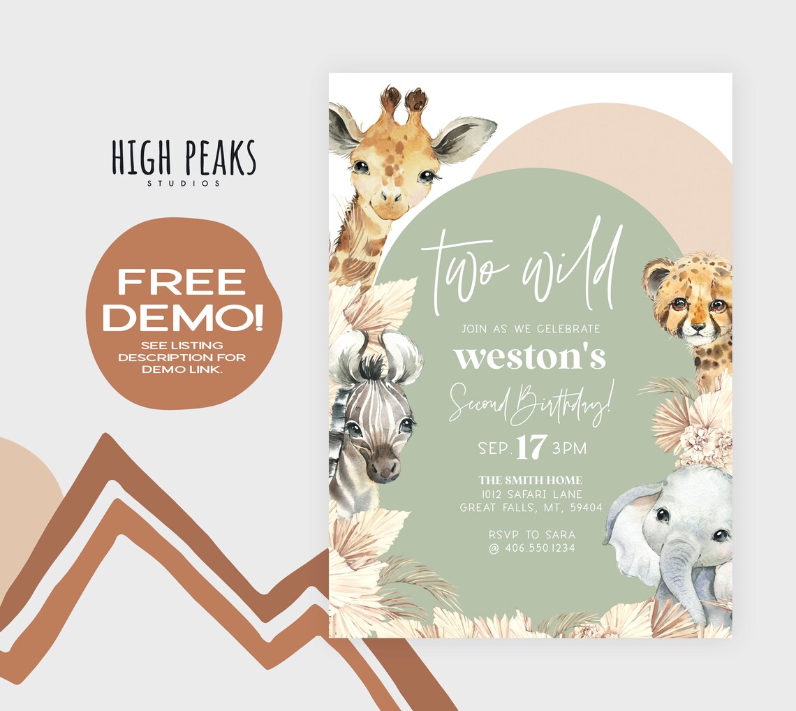 Boho Safari Birthday Invitation Printable, Two Wild Second Birthday ...
