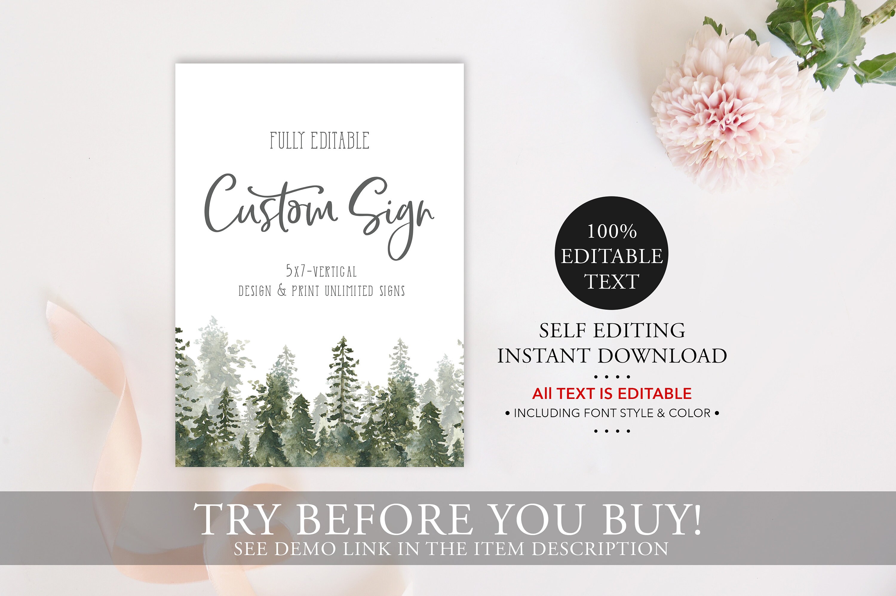 5x7 Custom Sign Template Rustic Pine Tree Sign Woodland - Etsy