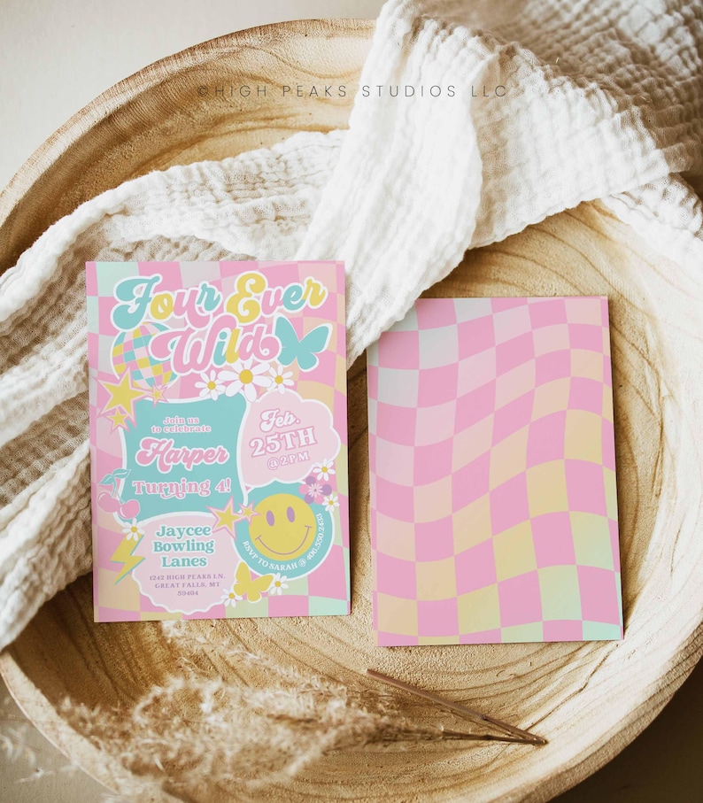 Editable Four Ever Wild Preppy Birthday Party Invitation, Y2K Retro ...