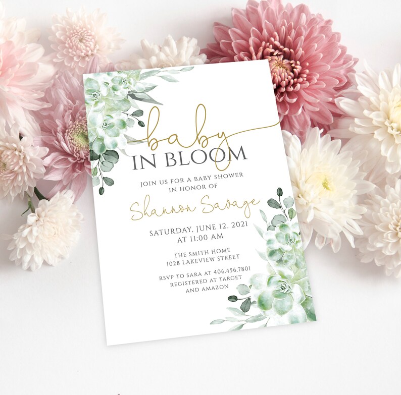 Baby in Bloom Invitation Template Editable Succulent Baby | Etsy